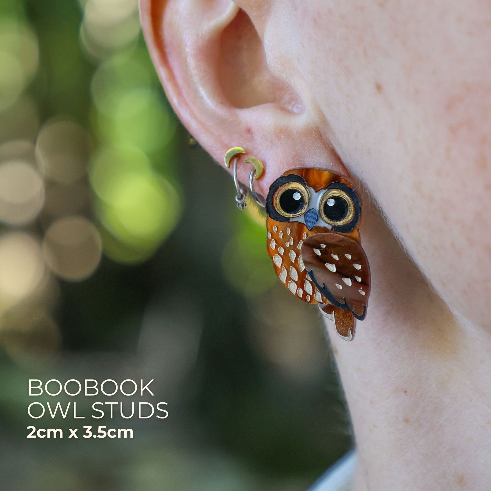 BINKABU | Acrylic Boobook Owl Stud Earrings | Statement Bird Earrings ...